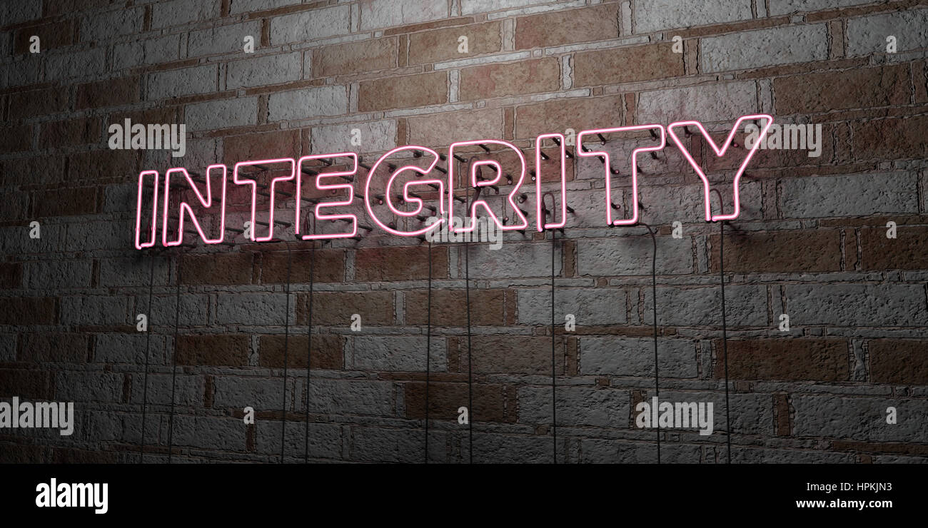 INTEGRITY - Glowing Neon Sign on stonework wall - 3D rendered royalty ...