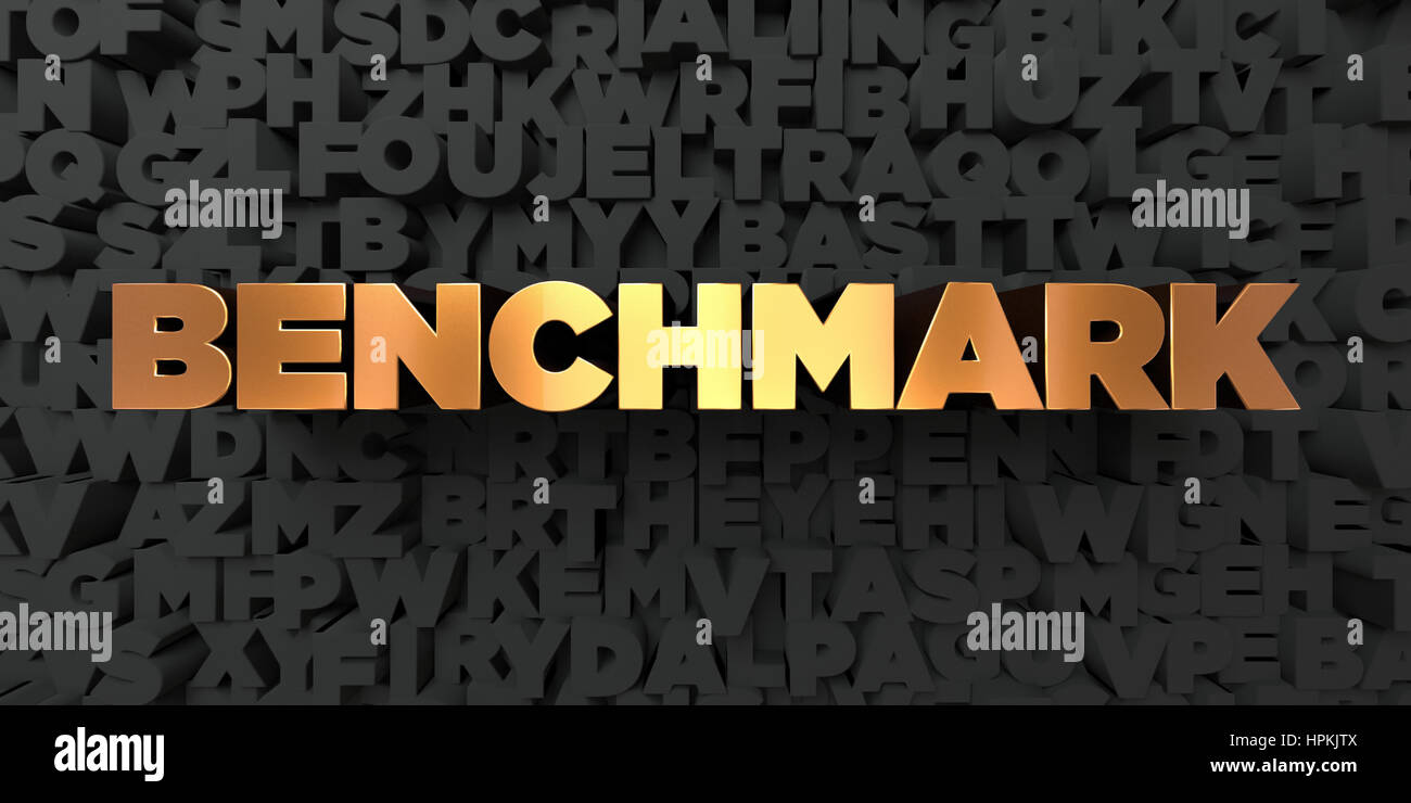 Benchmark - Gold text on black background - 3D rendered royalty free ...