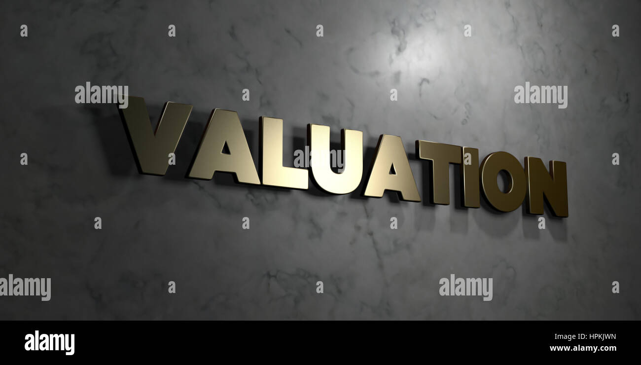 Valuation - Gold text on black background - 3D rendered royalty free ...