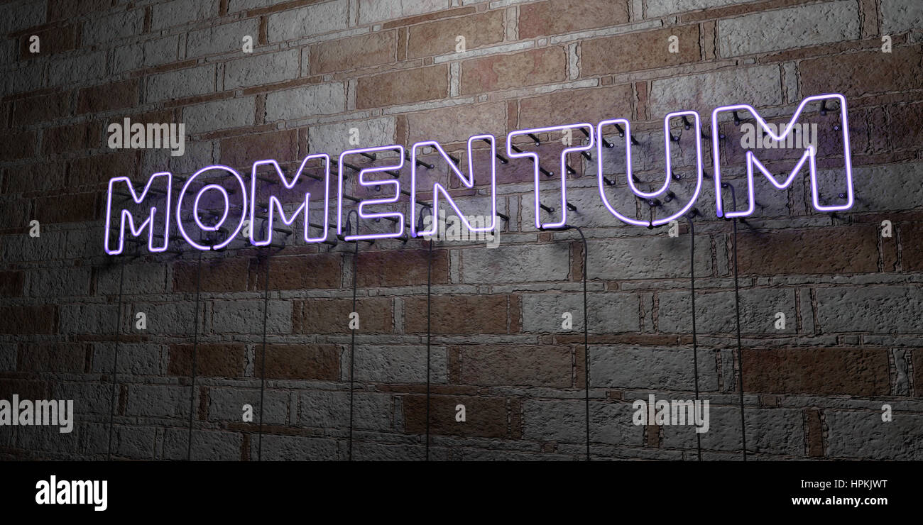 MOMENTUM - Glowing Neon Sign on stonework wall - 3D rendered royalty ...