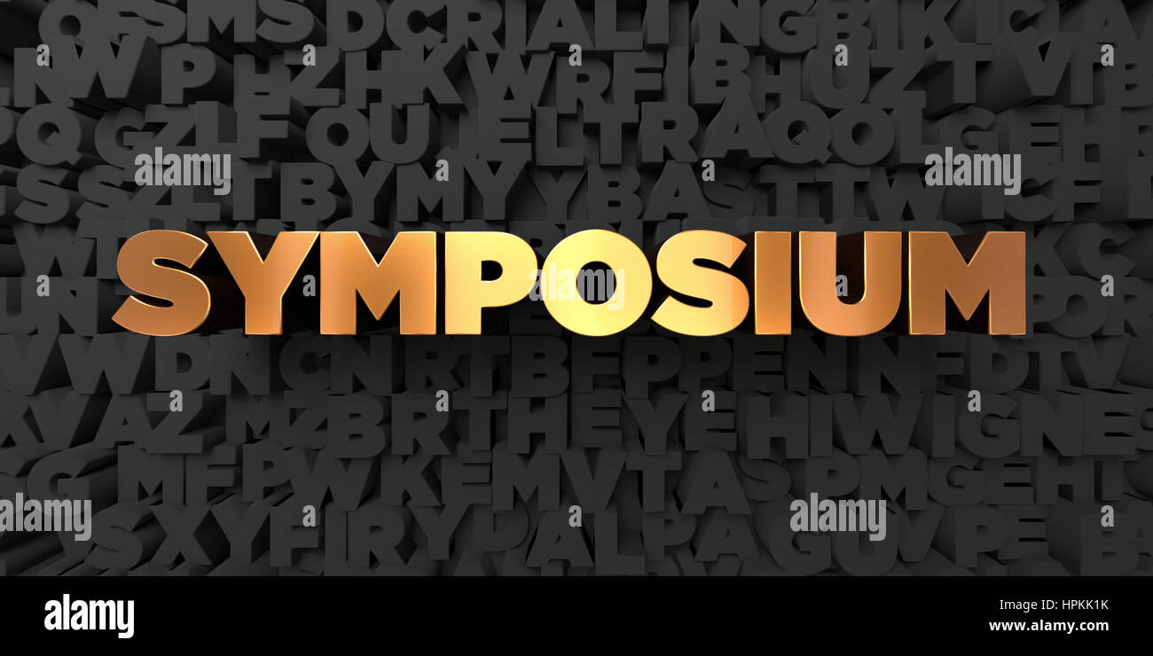 Symposium - Gold text on black background - 3D rendered royalty free ...