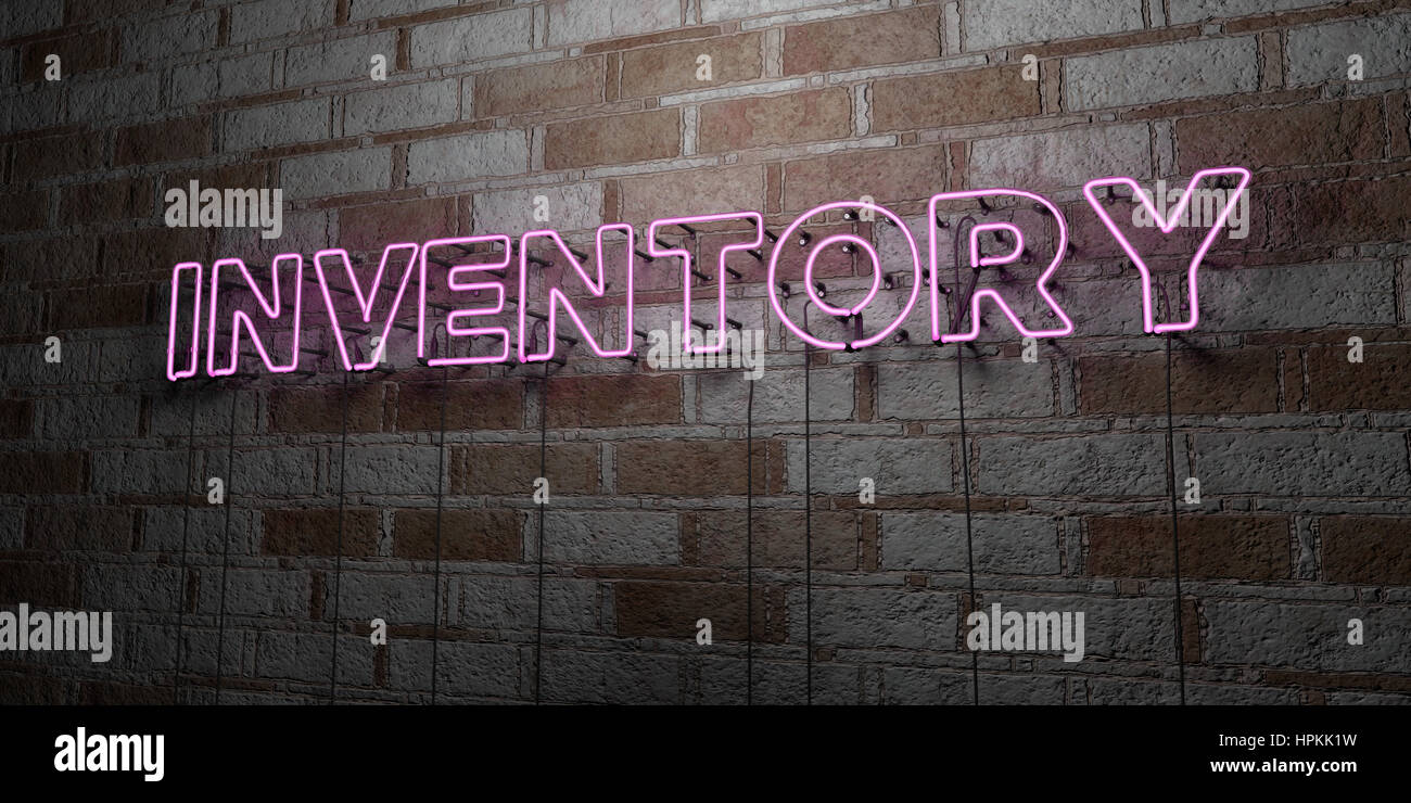 INVENTORY - Glowing Neon Sign on stonework wall - 3D rendered royalty ...