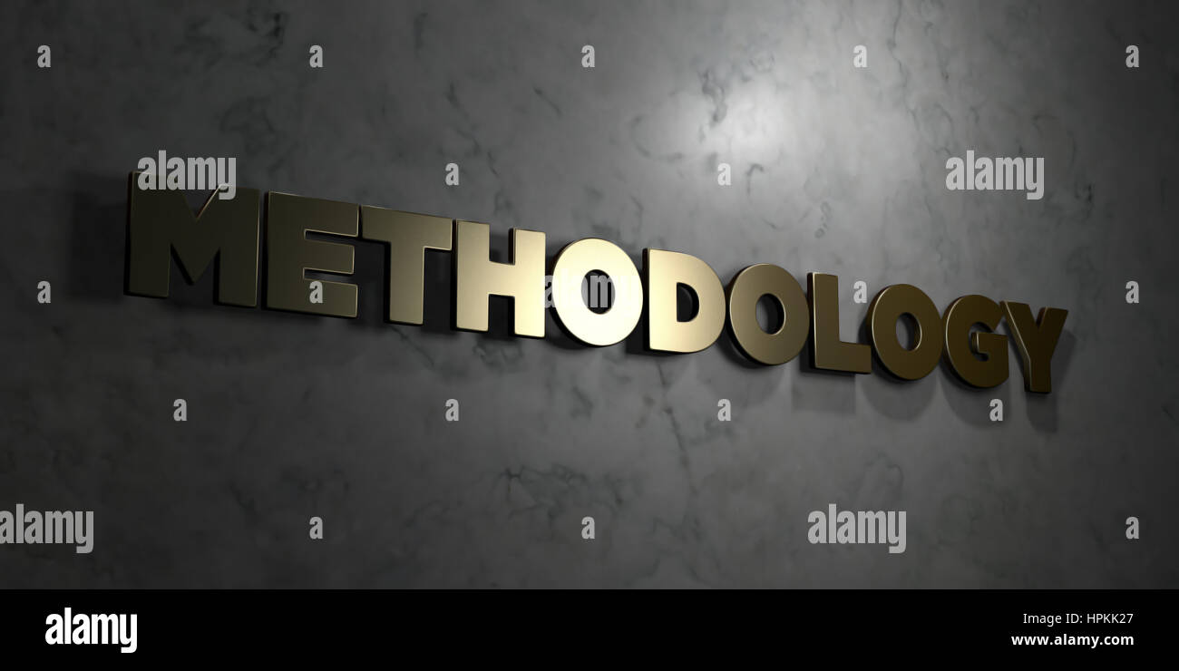 Methodology - Gold text on black background - 3D rendered royalty free ...