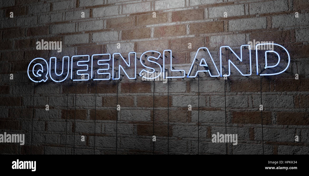 QUEENSLAND - Glowing Neon Sign on stonework wall - 3D rendered royalty ...
