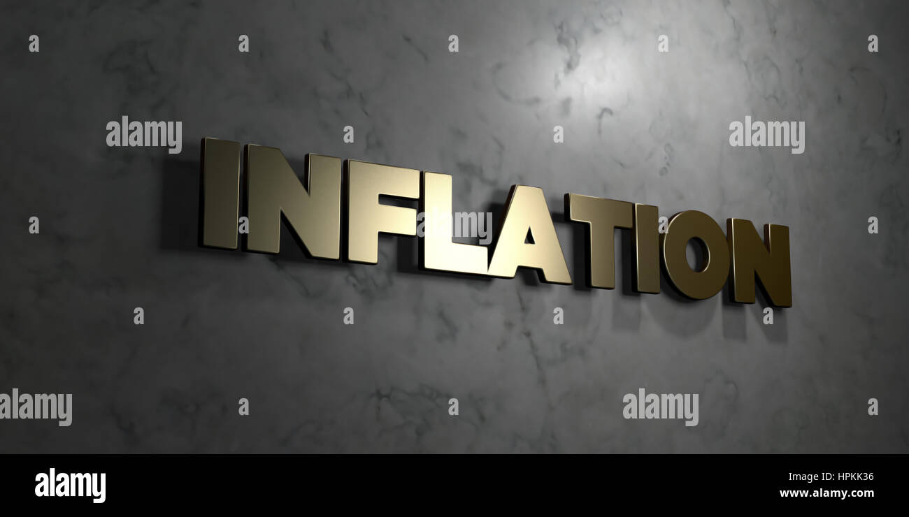 Inflation - Gold text on black background - 3D rendered royalty free ...