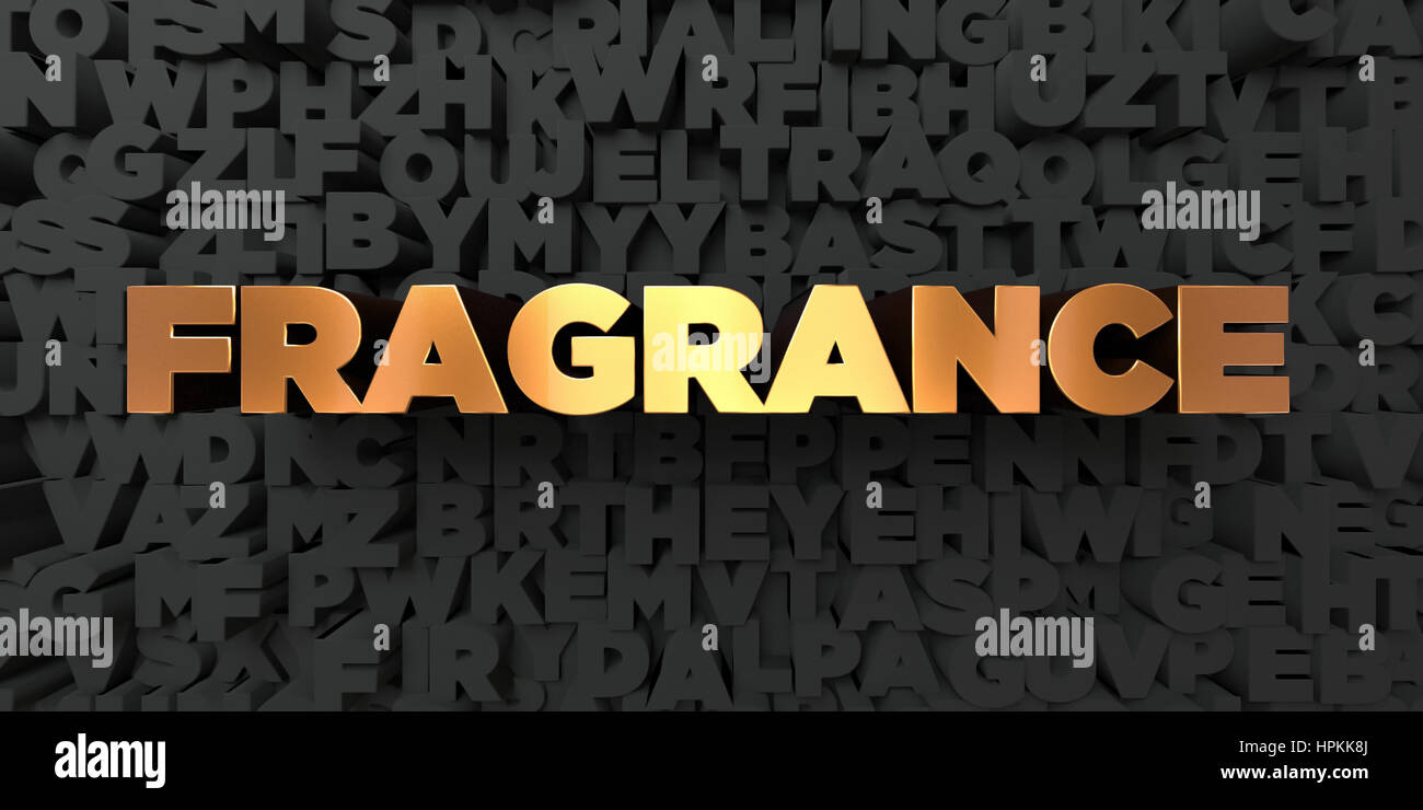 Fragrance - Gold text on black background - 3D rendered royalty free ...
