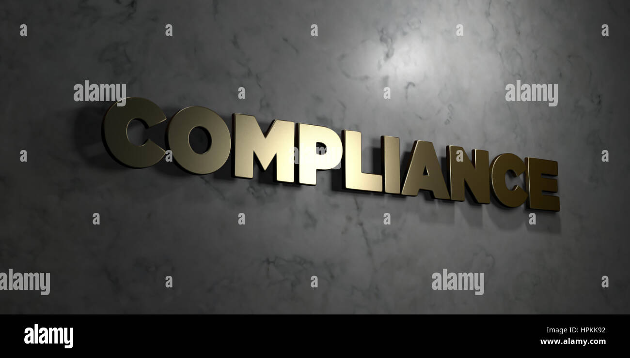 Compliance - Gold text on black background - 3D rendered royalty free ...
