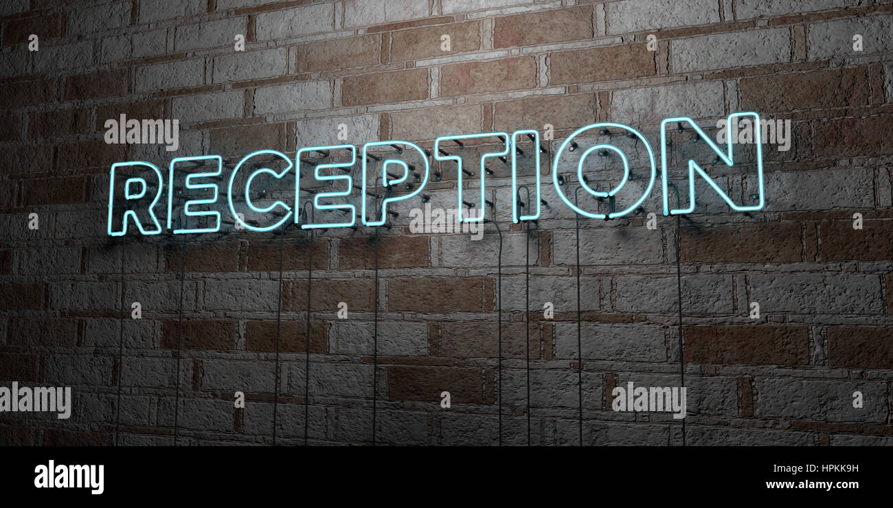 RECEPTION - Glowing Neon Sign on stonework wall - 3D rendered royalty ...