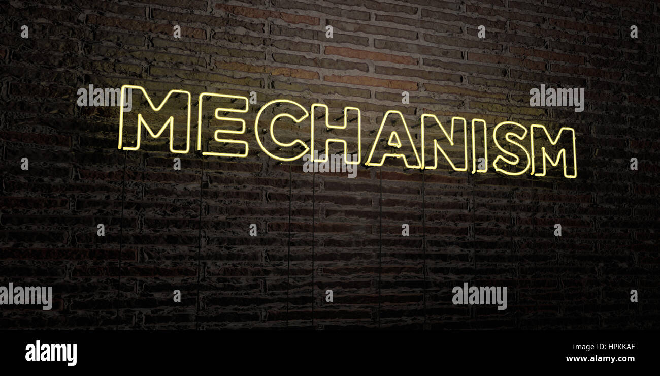MECHANISM -Realistic Neon Sign on Brick Wall background - 3D rendered ...