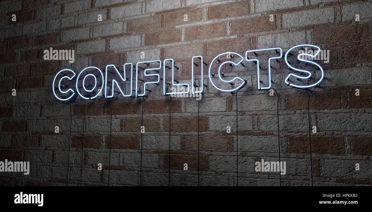 CONFLICTS - Glowing Neon Sign on stonework wall - 3D rendered royalty ...