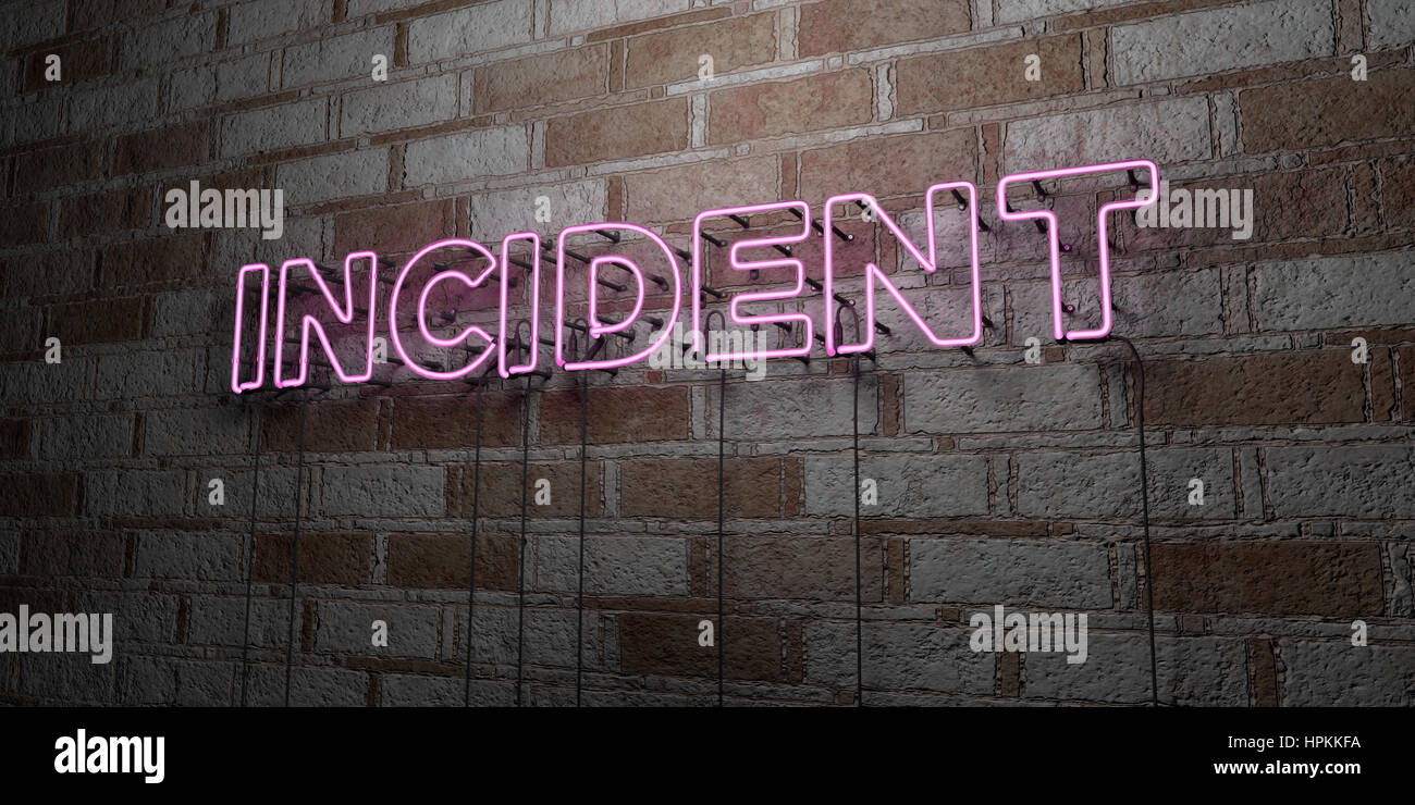 INCIDENT - Glowing Neon Sign on stonework wall - 3D rendered royalty ...