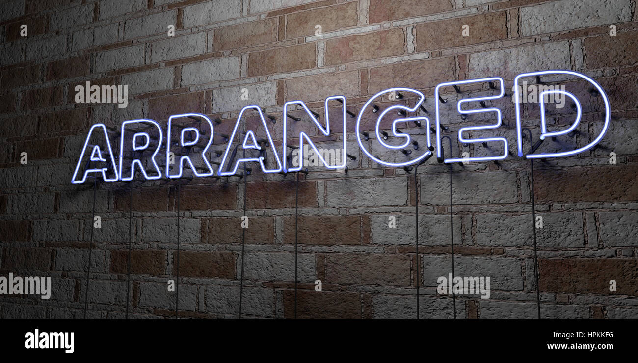 ARRANGED - Glowing Neon Sign on stonework wall - 3D rendered royalty ...