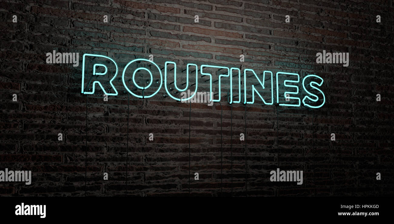 ROUTINES -Realistic Neon Sign on Brick Wall background - 3D rendered ...