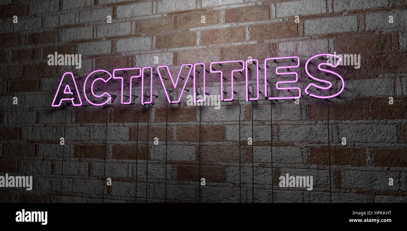 ACTIVITIES - Glowing Neon Sign on stonework wall - 3D rendered royalty ...