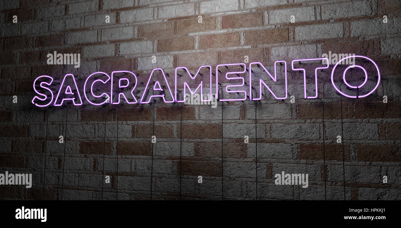SACRAMENTO - Glowing Neon Sign on stonework wall - 3D rendered royalty ...