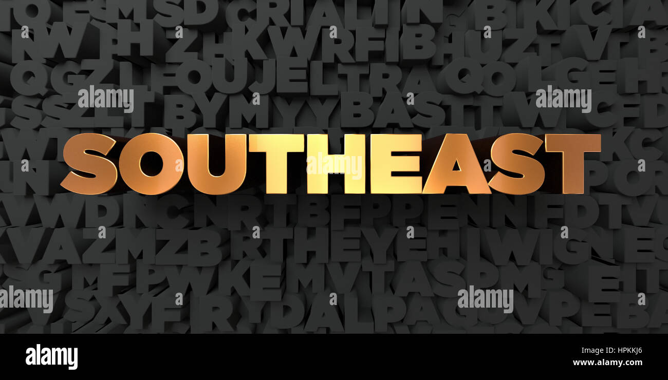 Southeast - Gold text on black background - 3D rendered royalty free ...