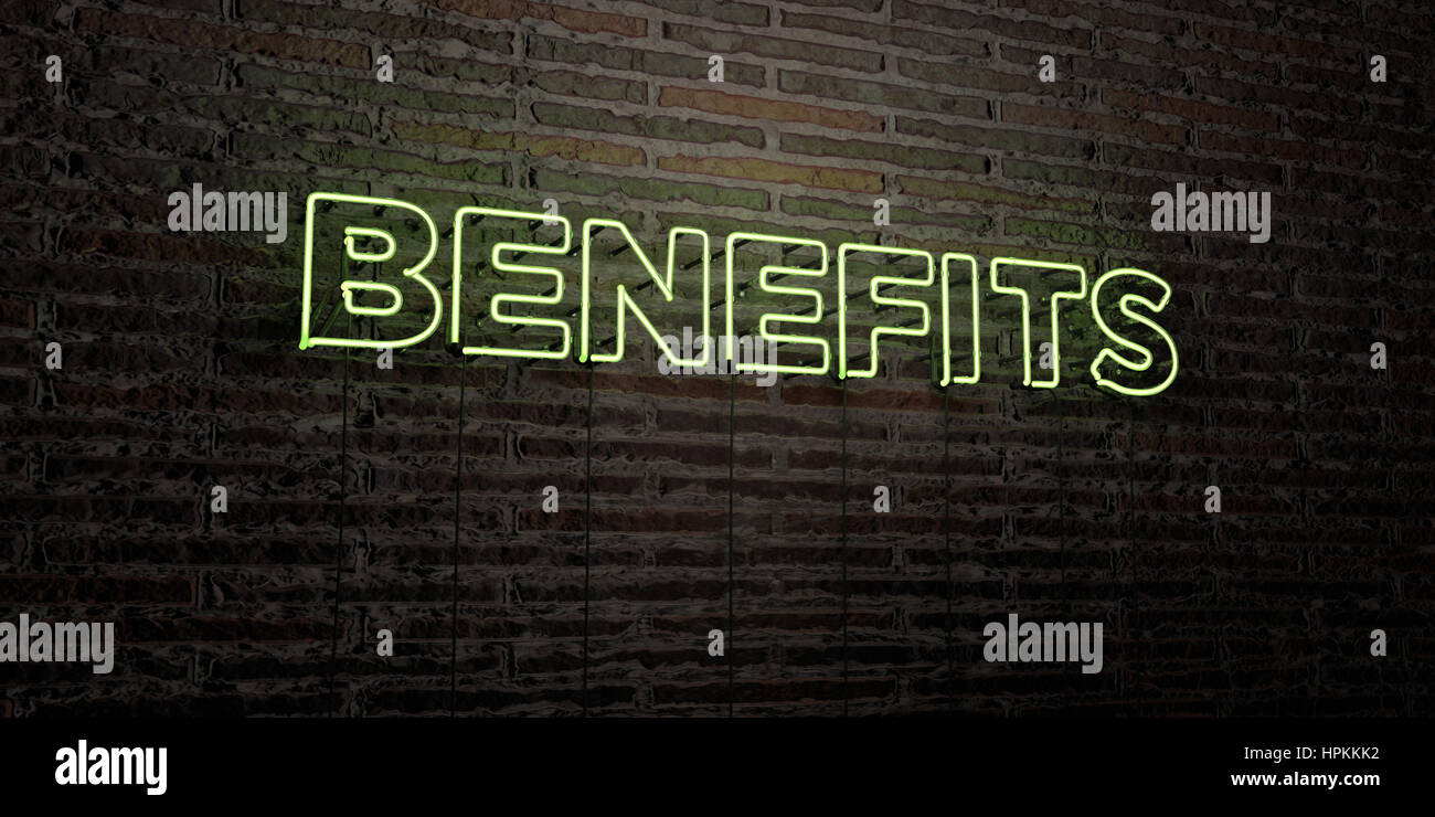 BENEFITS -Realistic Neon Sign on Brick Wall background - 3D rendered ...