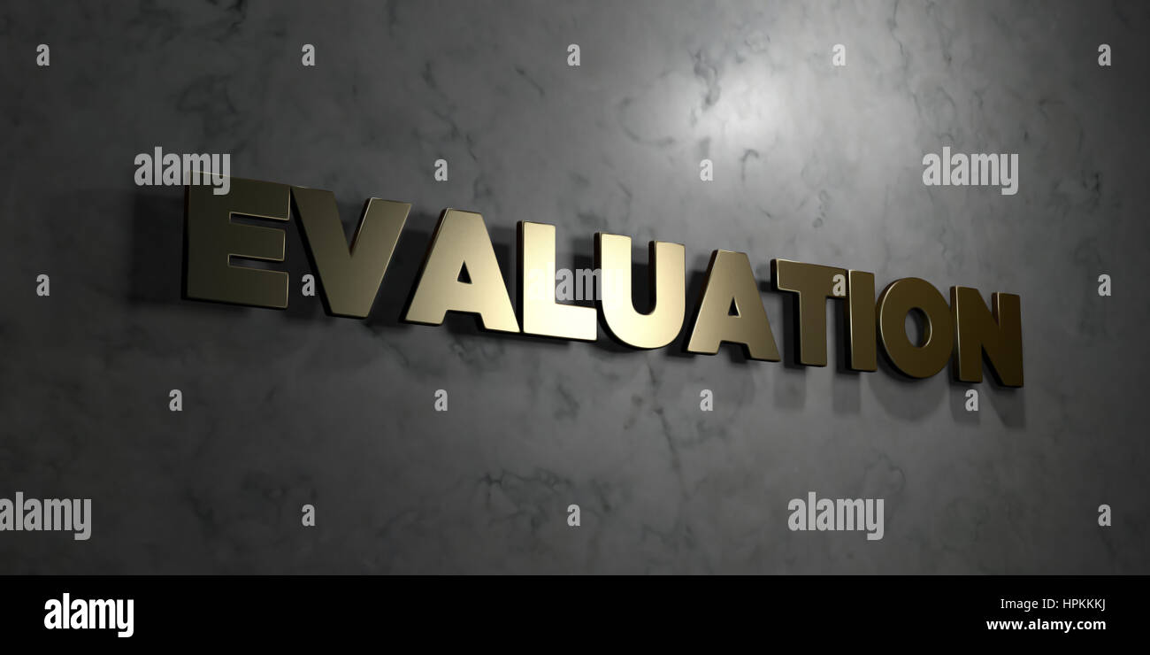 Evaluation - Gold text on black background - 3D rendered royalty free ...
