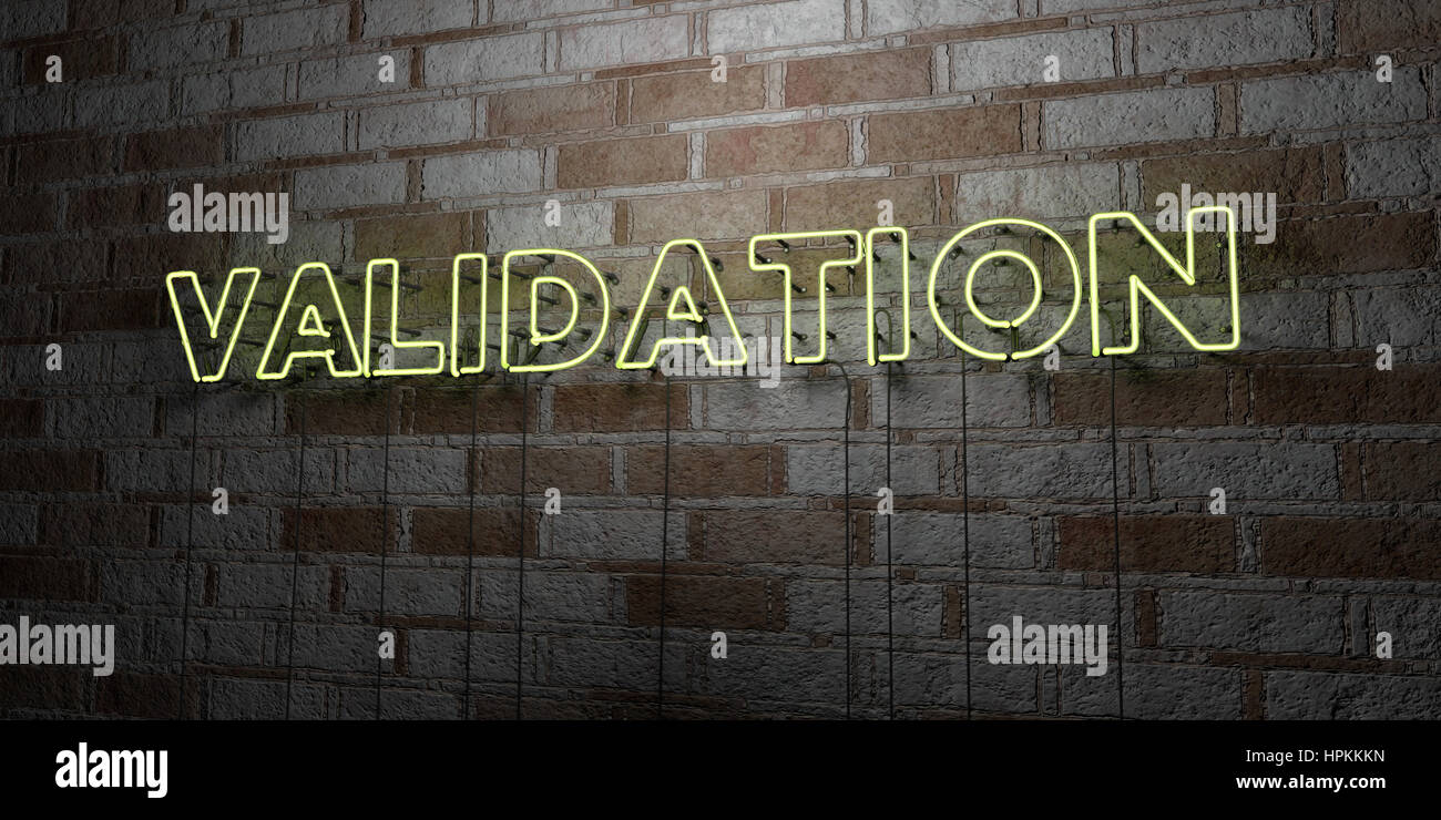 VALIDATION - Glowing Neon Sign on stonework wall - 3D rendered royalty ...
