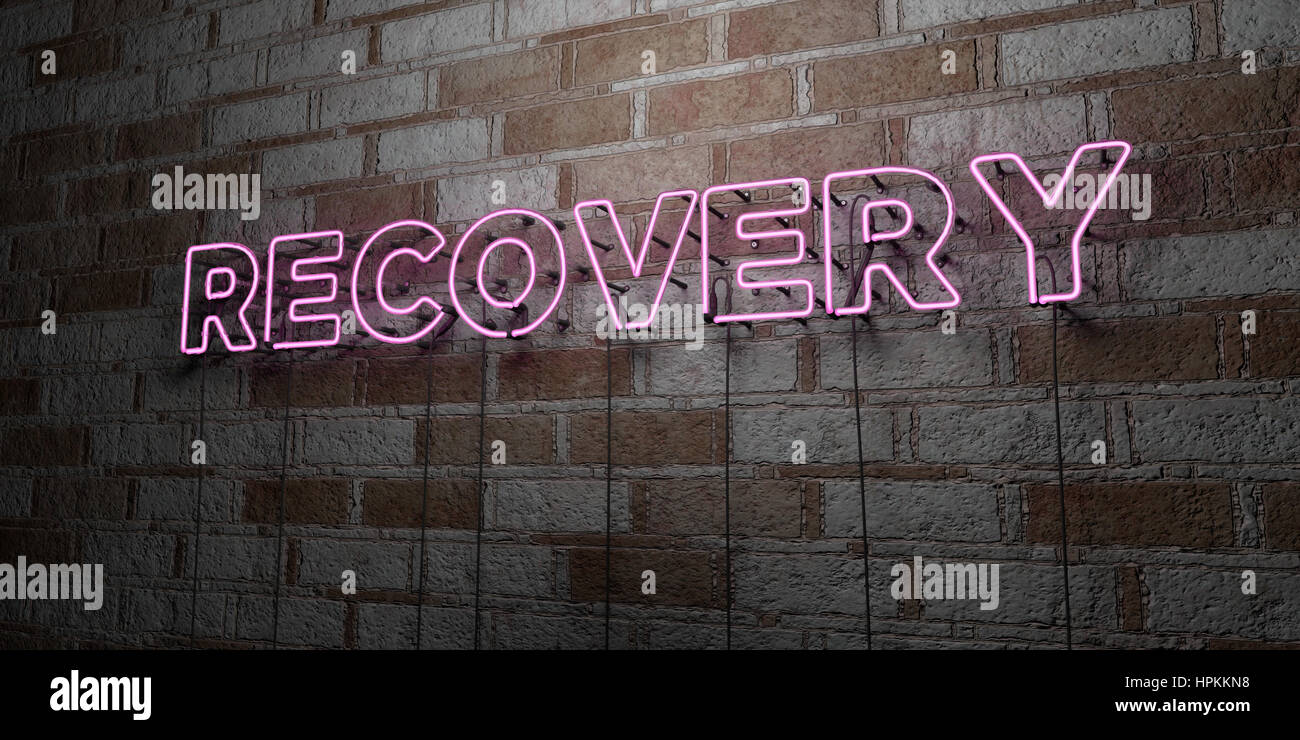 RECOVERY - Glowing Neon Sign on stonework wall - 3D rendered royalty ...