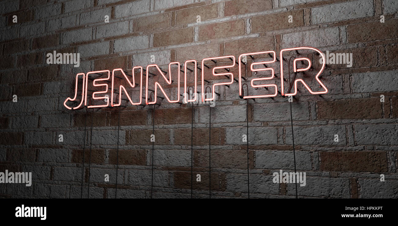 JENNIFER - Glowing Neon Sign on stonework wall - 3D rendered royalty ...