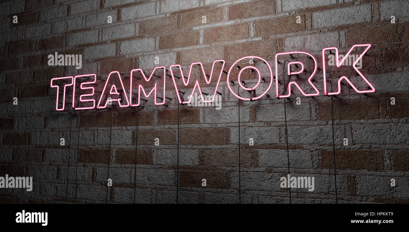 TEAMWORK - Glowing Neon Sign on stonework wall - 3D rendered royalty ...