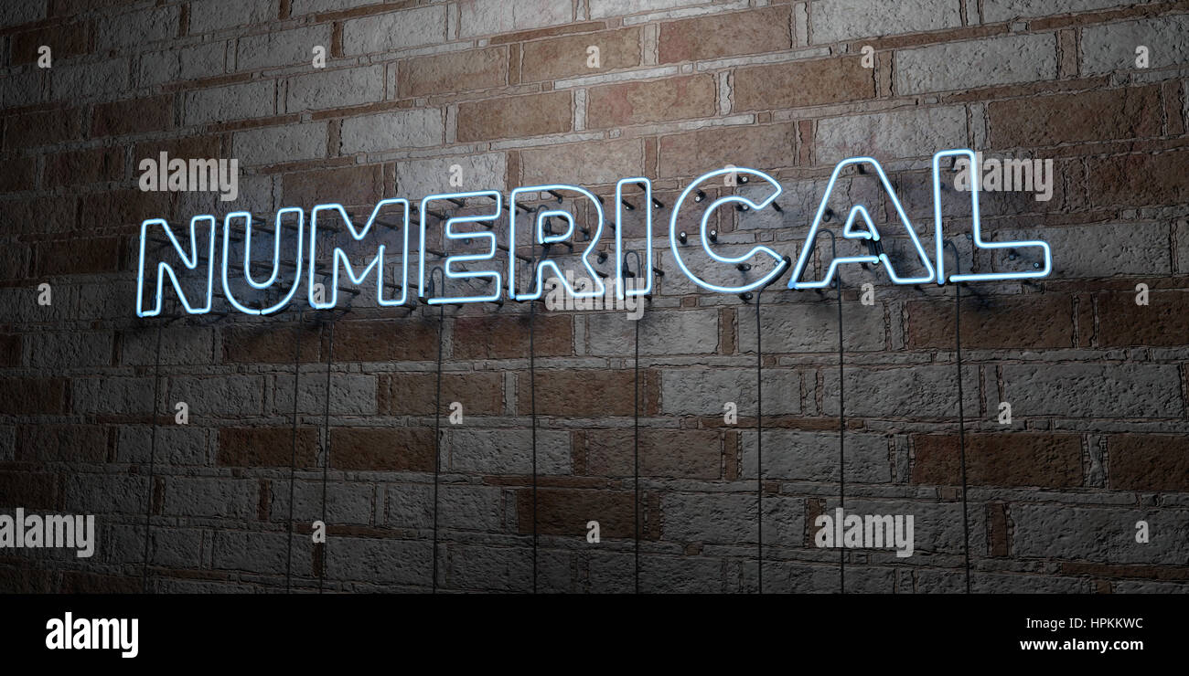 NUMERICAL - Glowing Neon Sign on stonework wall - 3D rendered royalty ...