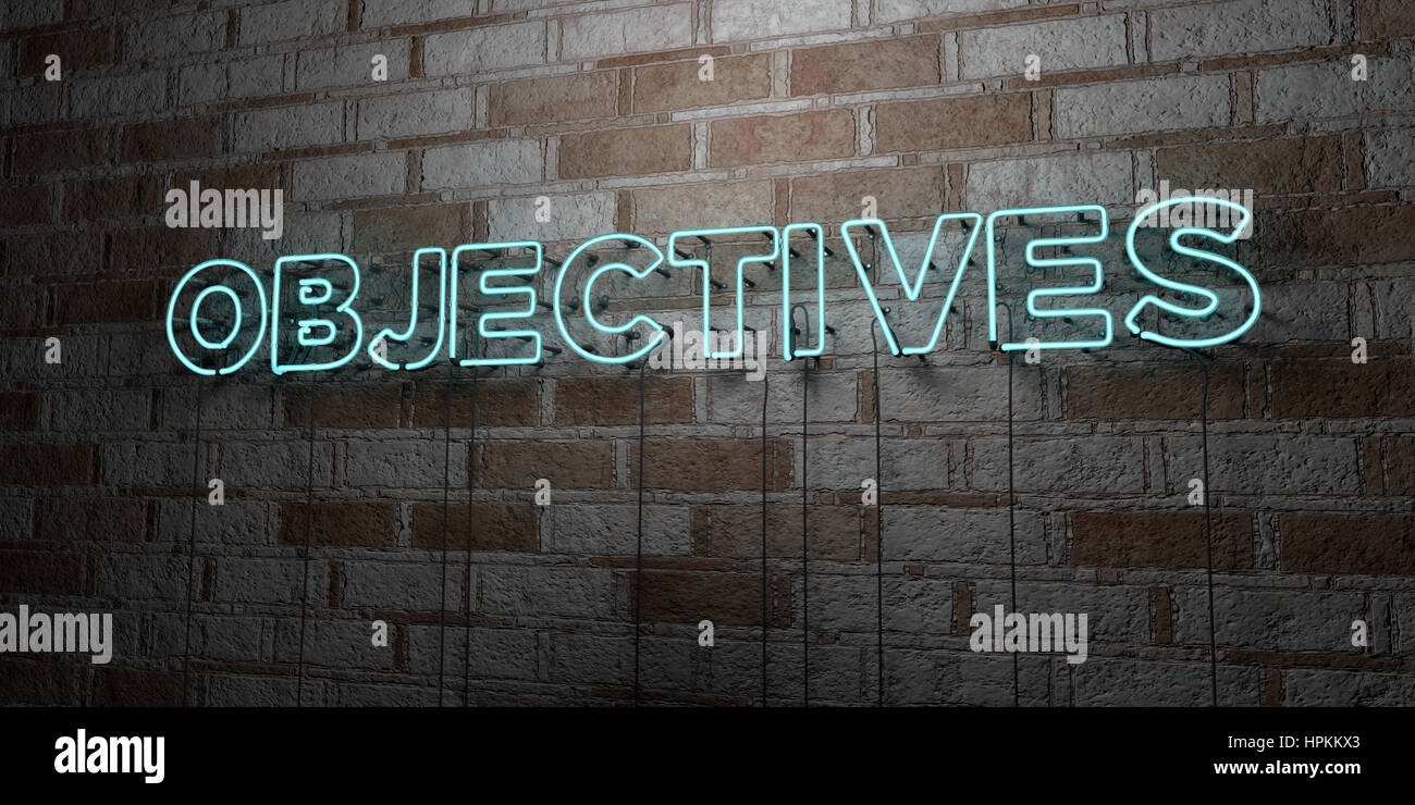 OBJECTIVES - Glowing Neon Sign on stonework wall - 3D rendered royalty ...