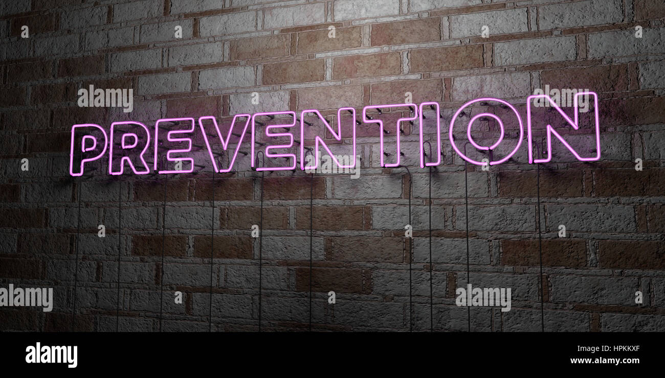 PREVENTION - Glowing Neon Sign on stonework wall - 3D rendered royalty ...