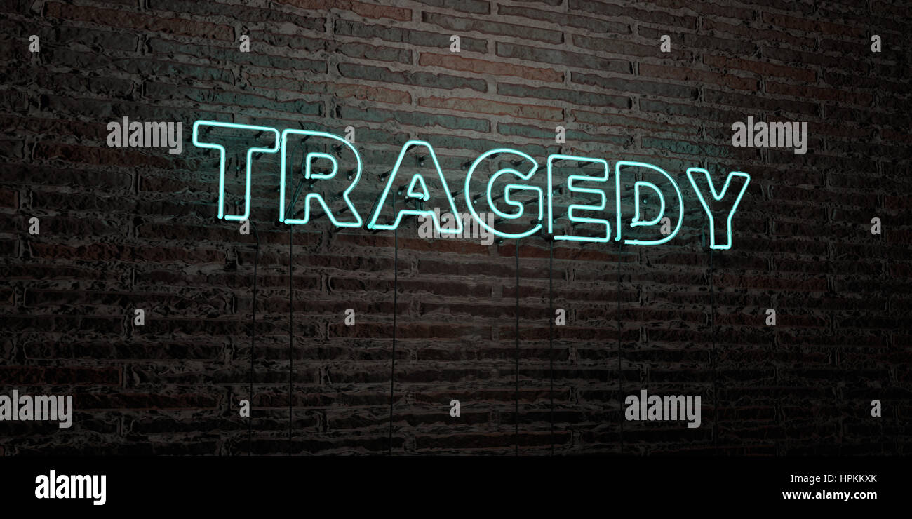 TRAGEDY -Realistic Neon Sign on Brick Wall background - 3D rendered ...