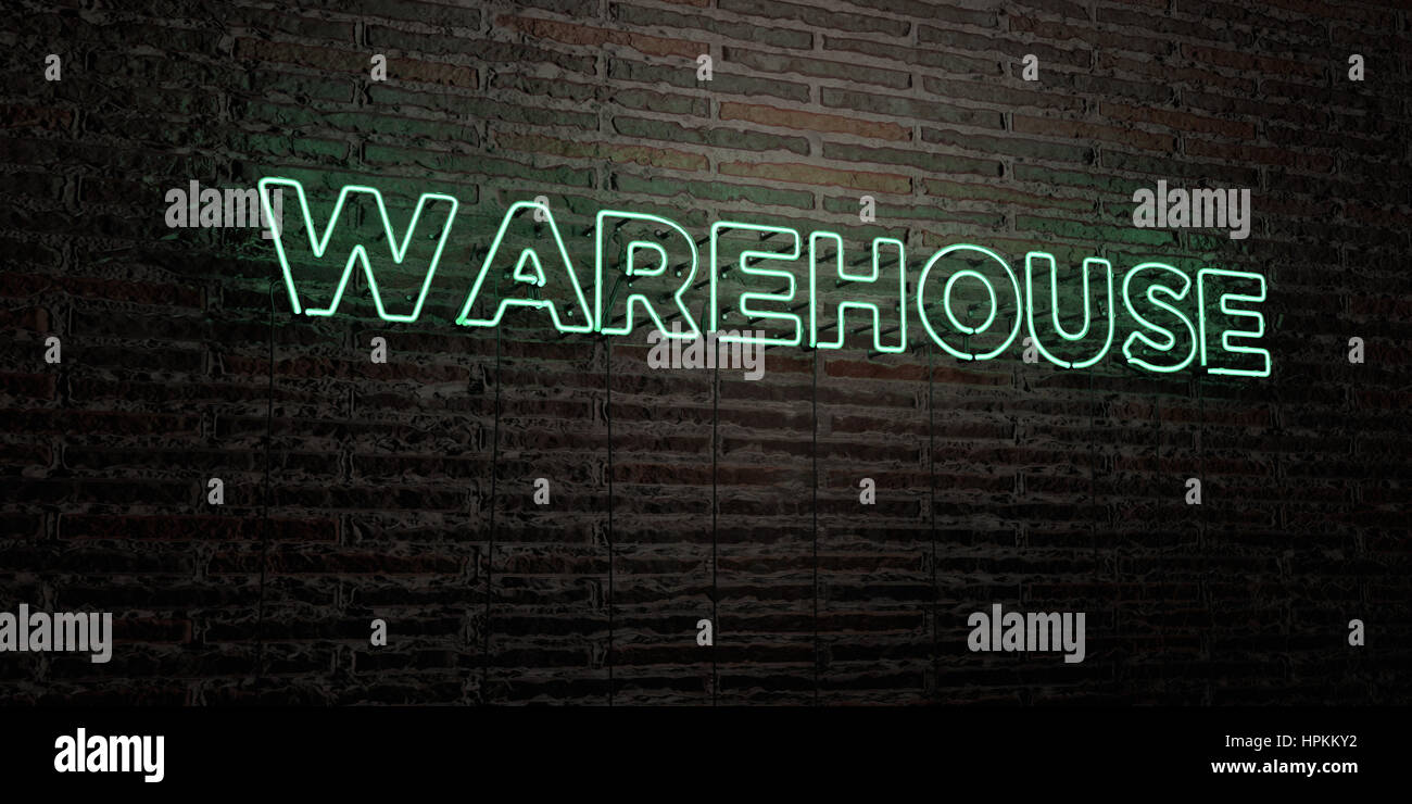 WAREHOUSE -Realistic Neon Sign on Brick Wall background - 3D rendered ...
