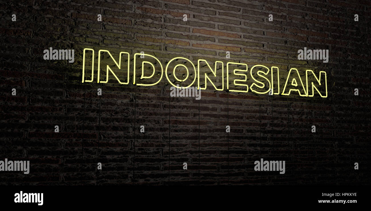INDONESIAN -Realistic Neon Sign on Brick Wall background - 3D rendered ...
