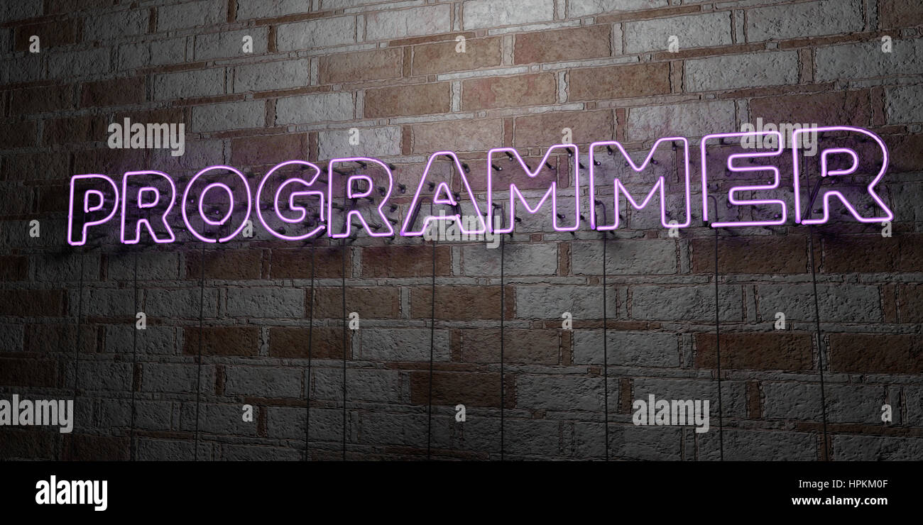 PROGRAMMER - Glowing Neon Sign on stonework wall - 3D rendered royalty ... PROGRAMMER - Glowing Neon Sign on stonework wall - 3D rendered royalty ...