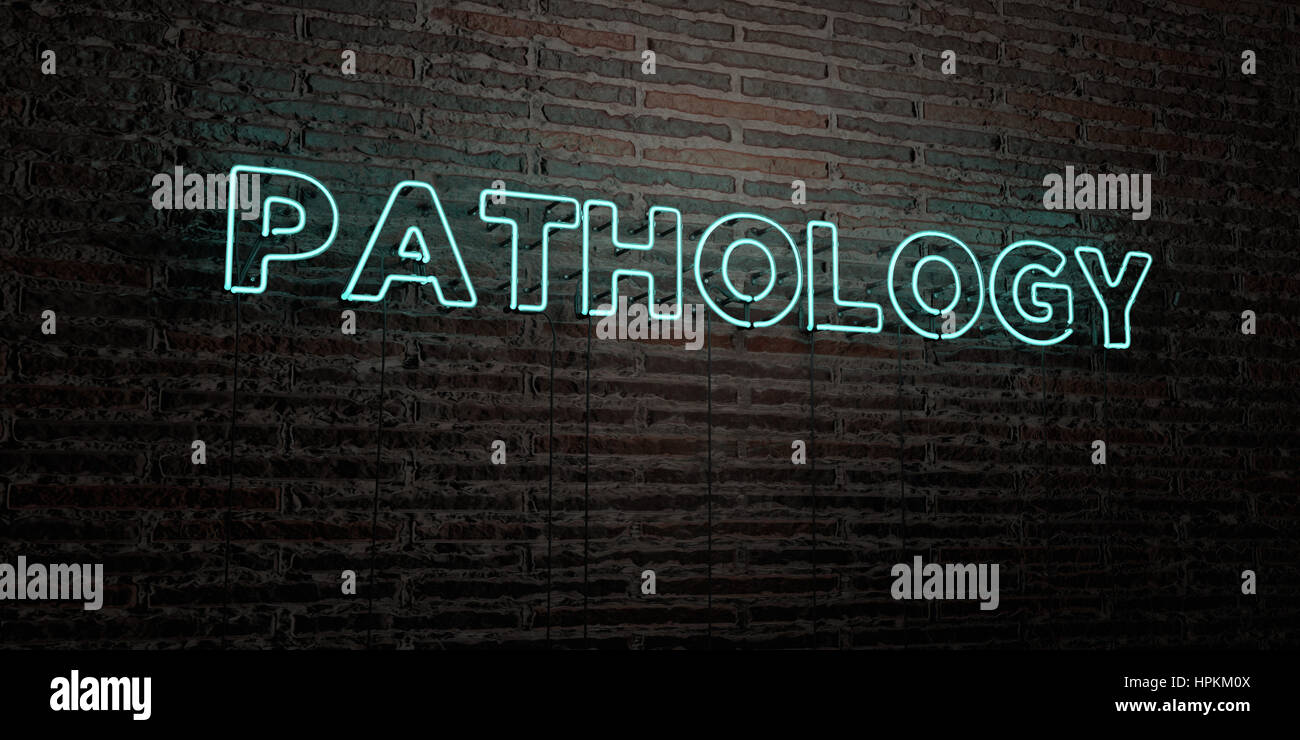 PATHOLOGY -Realistic Neon Sign on Brick Wall background - 3D rendered ...