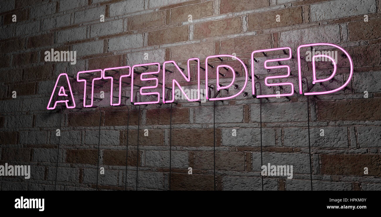 ATTENDED - Glowing Neon Sign on stonework wall - 3D rendered royalty ...