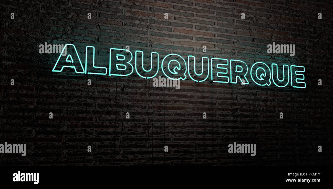 ALBUQUERQUE -Realistic Neon Sign on Brick Wall background - 3D rendered ...