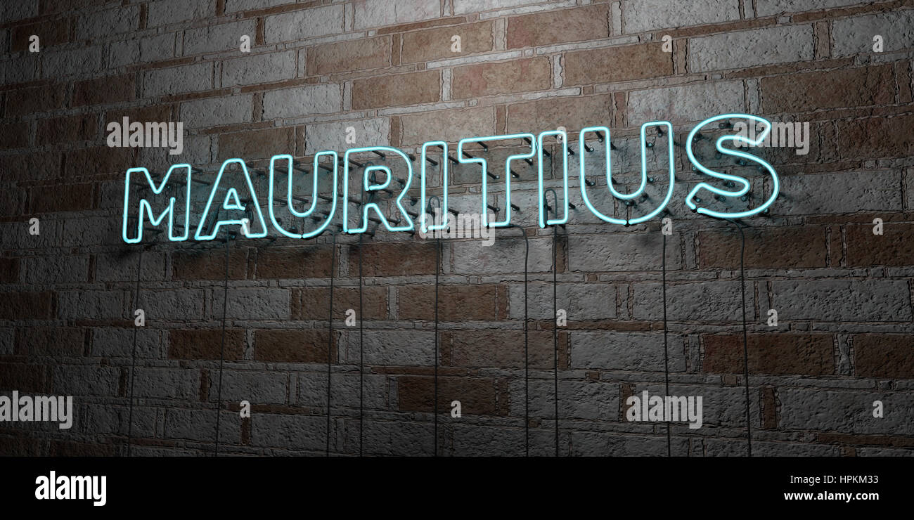 MAURITIUS - Glowing Neon Sign on stonework wall - 3D rendered royalty ...