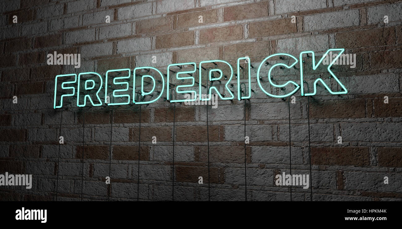 FREDERICK - Glowing Neon Sign on stonework wall - 3D rendered royalty ...