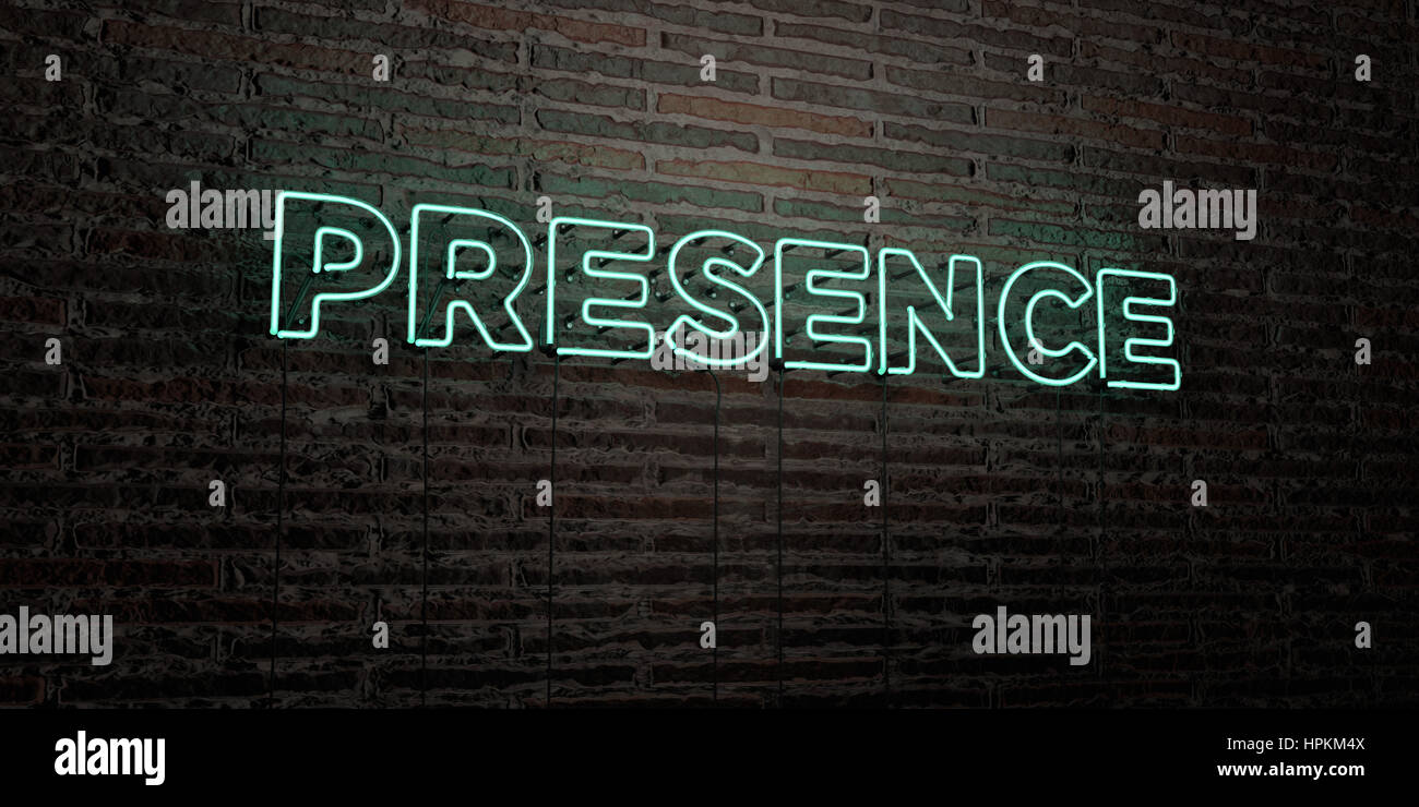 PRESENCE -Realistic Neon Sign on Brick Wall background - 3D rendered ...