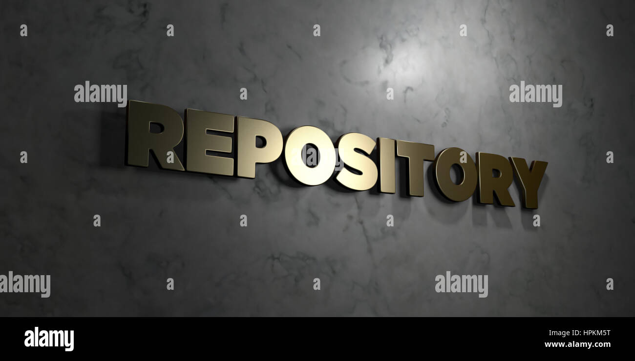 Repository - Gold text on black background - 3D rendered royalty free ...