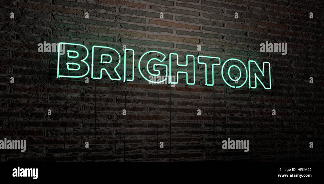 BRIGHTON -Realistic Neon Sign on Brick Wall background - 3D rendered ...
