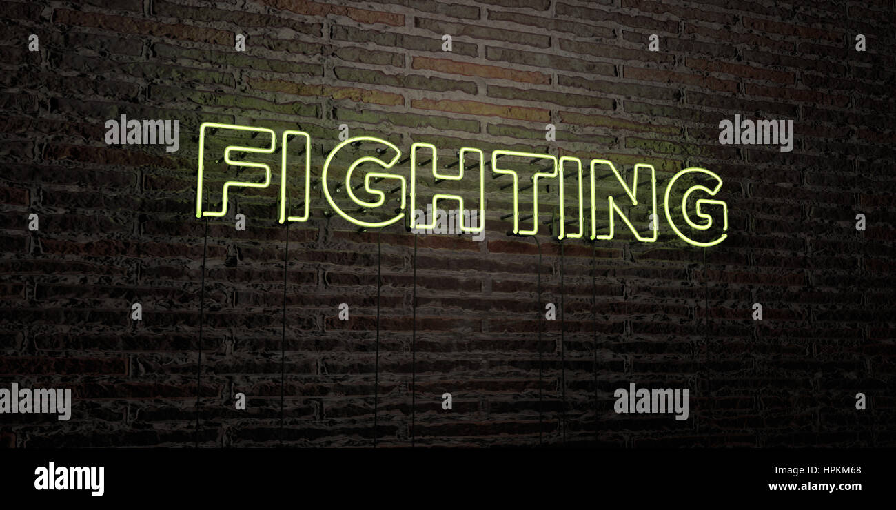 FIGHTING -Realistic Neon Sign on Brick Wall background - 3D rendered ...