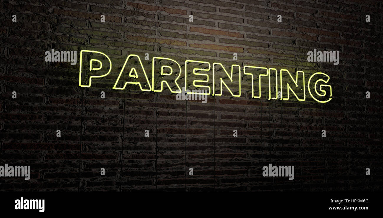 PARENTING -Realistic Neon Sign on Brick Wall background - 3D rendered ...