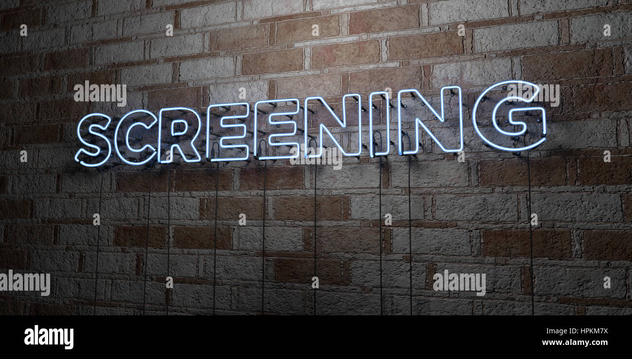 SCREENING - Glowing Neon Sign on stonework wall - 3D rendered royalty ...