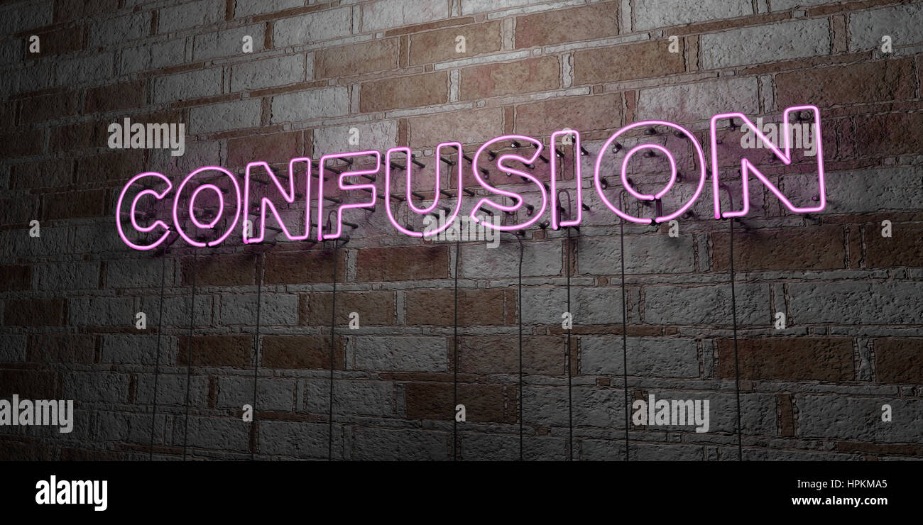 CONFUSION - Glowing Neon Sign on stonework wall - 3D rendered royalty ...