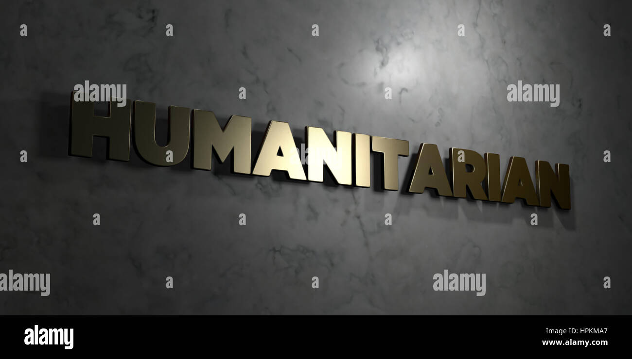 Humanitarian - Gold text on black background - 3D rendered royalty free ...