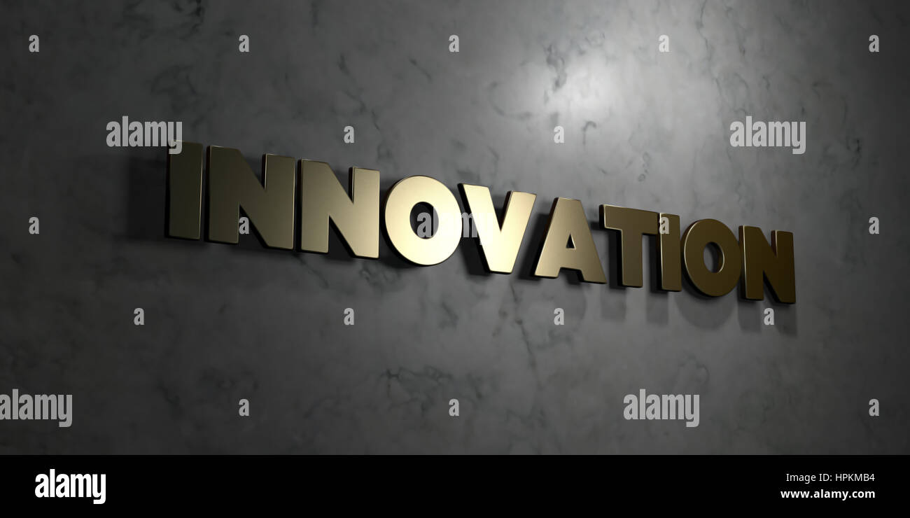 Innovation - Gold text on black background - 3D rendered royalty free ...