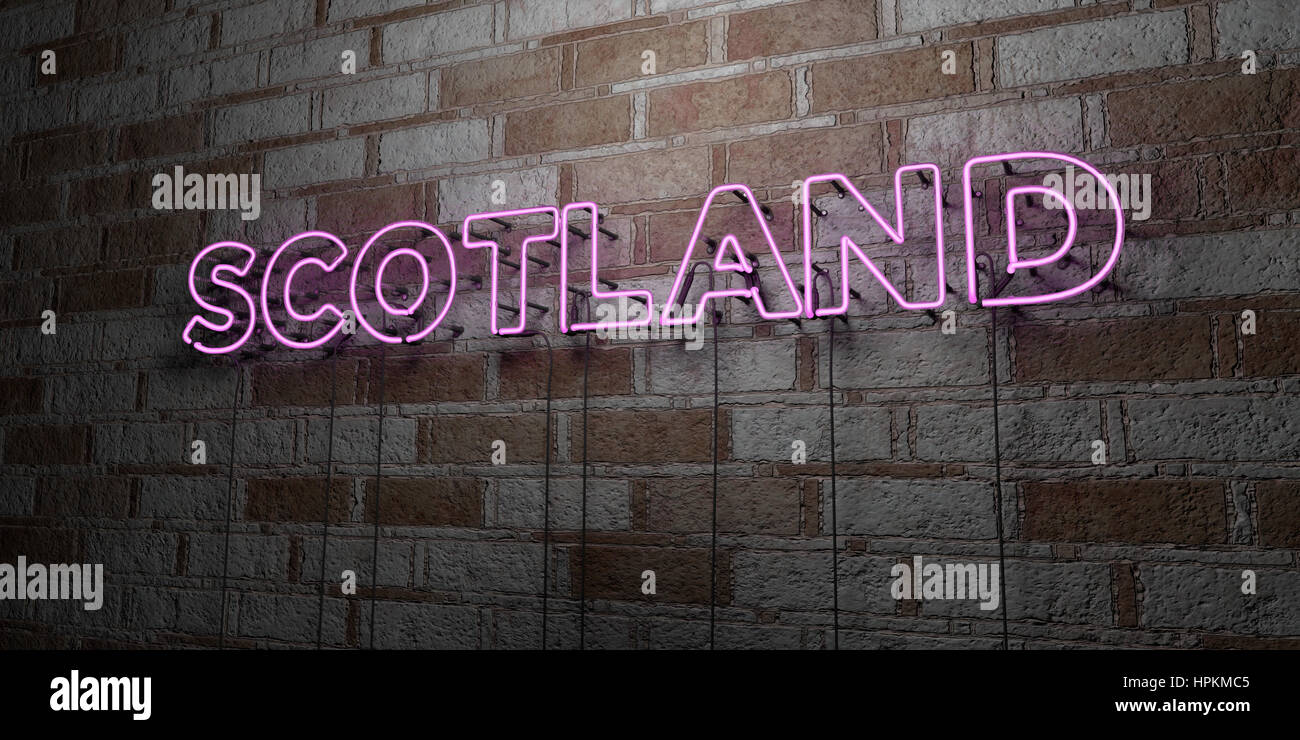 SCOTLAND - Glowing Neon Sign on stonework wall - 3D rendered royalty ...