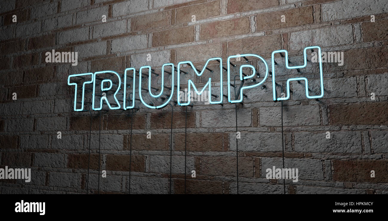 TRIUMPH - Glowing Neon Sign on stonework wall - 3D rendered royalty ...