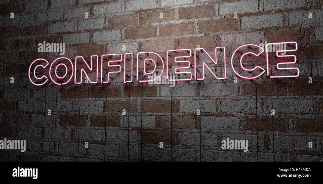 CONFIDENCE - Glowing Neon Sign on stonework wall - 3D rendered royalty ...